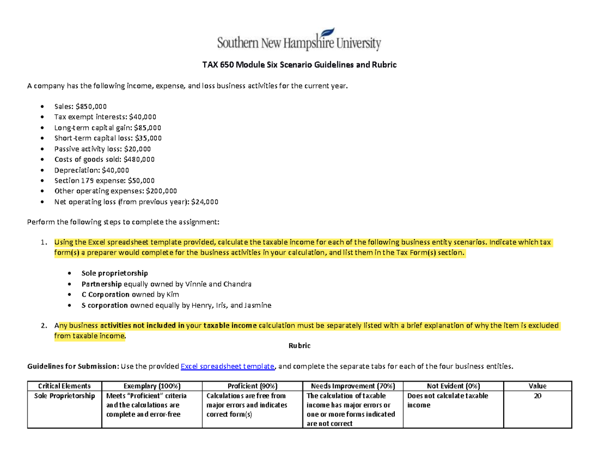 TAX 650 Module Six Scenario Guidelines and Rubric - Sales: $850, Tax ...
