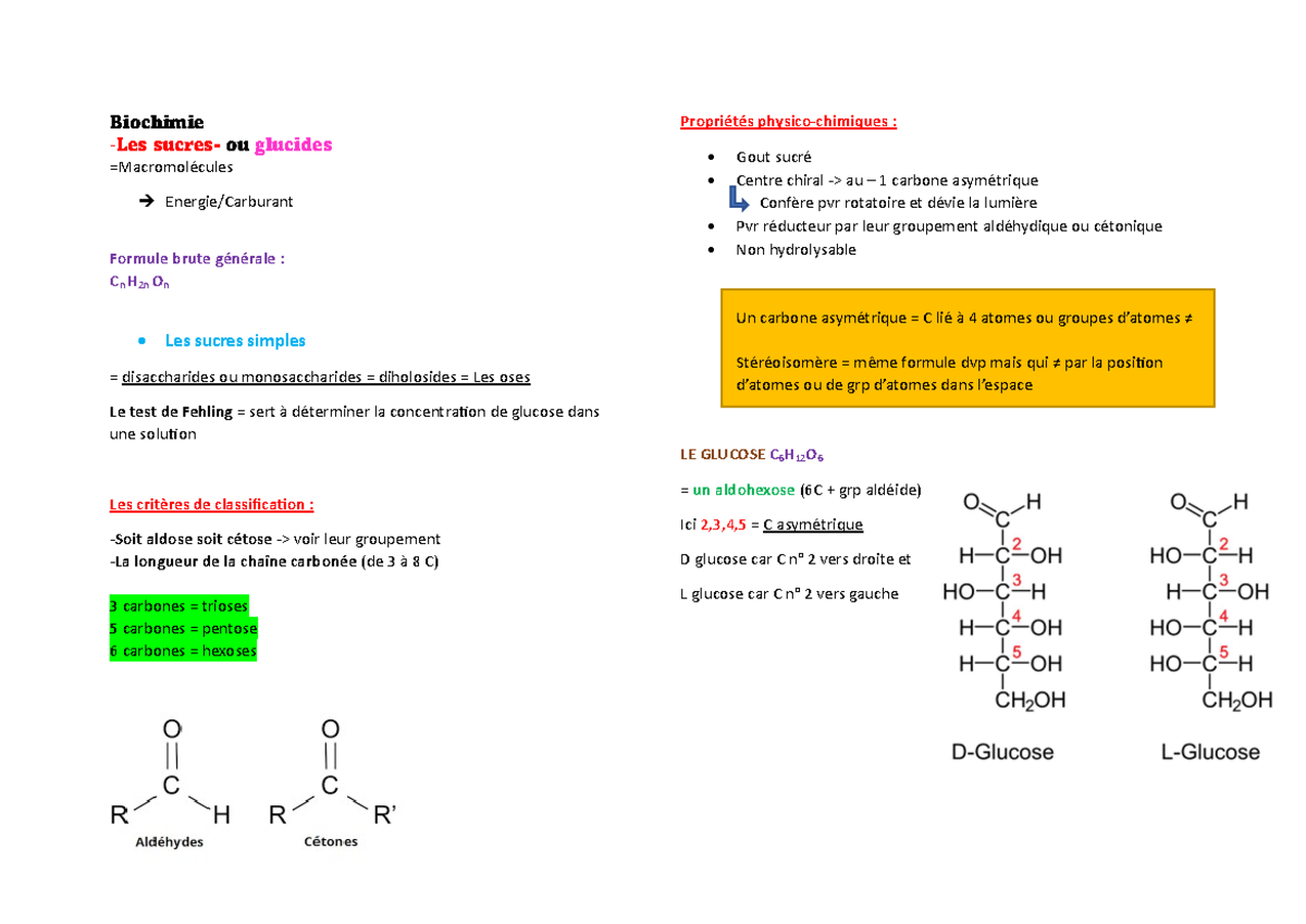 Fiches les oses - Biochimie - Les sucres- ou glucides =Macromolécules ...