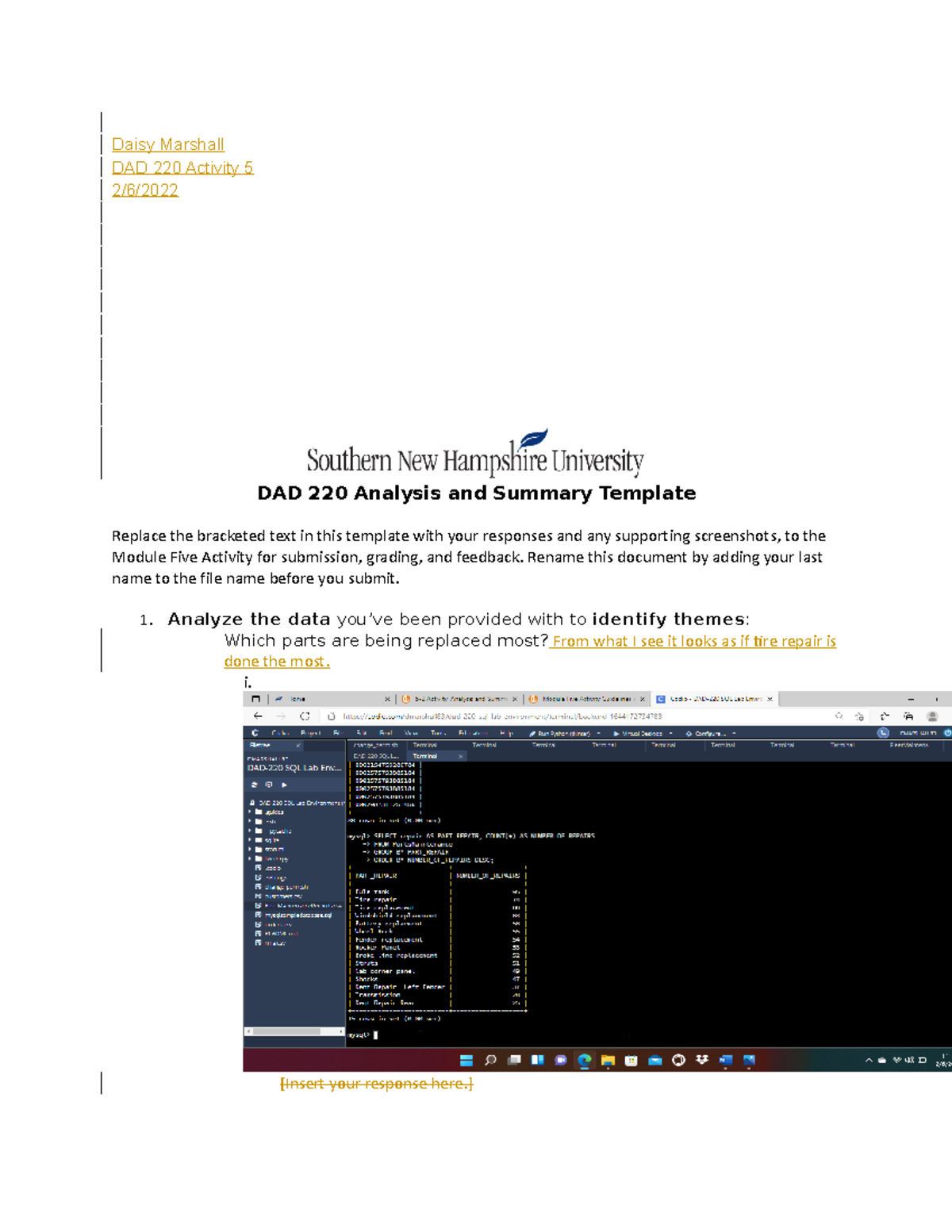 Dad 220 Analysis And Summary Template Daisy Marshall Dad 220 Activity