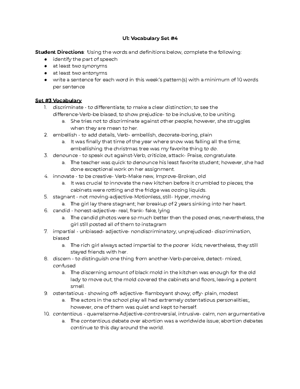 U1 Vocabulary Set #4 - U1: Vocabulary Set # Student Directions: Using the words and definitions ...
