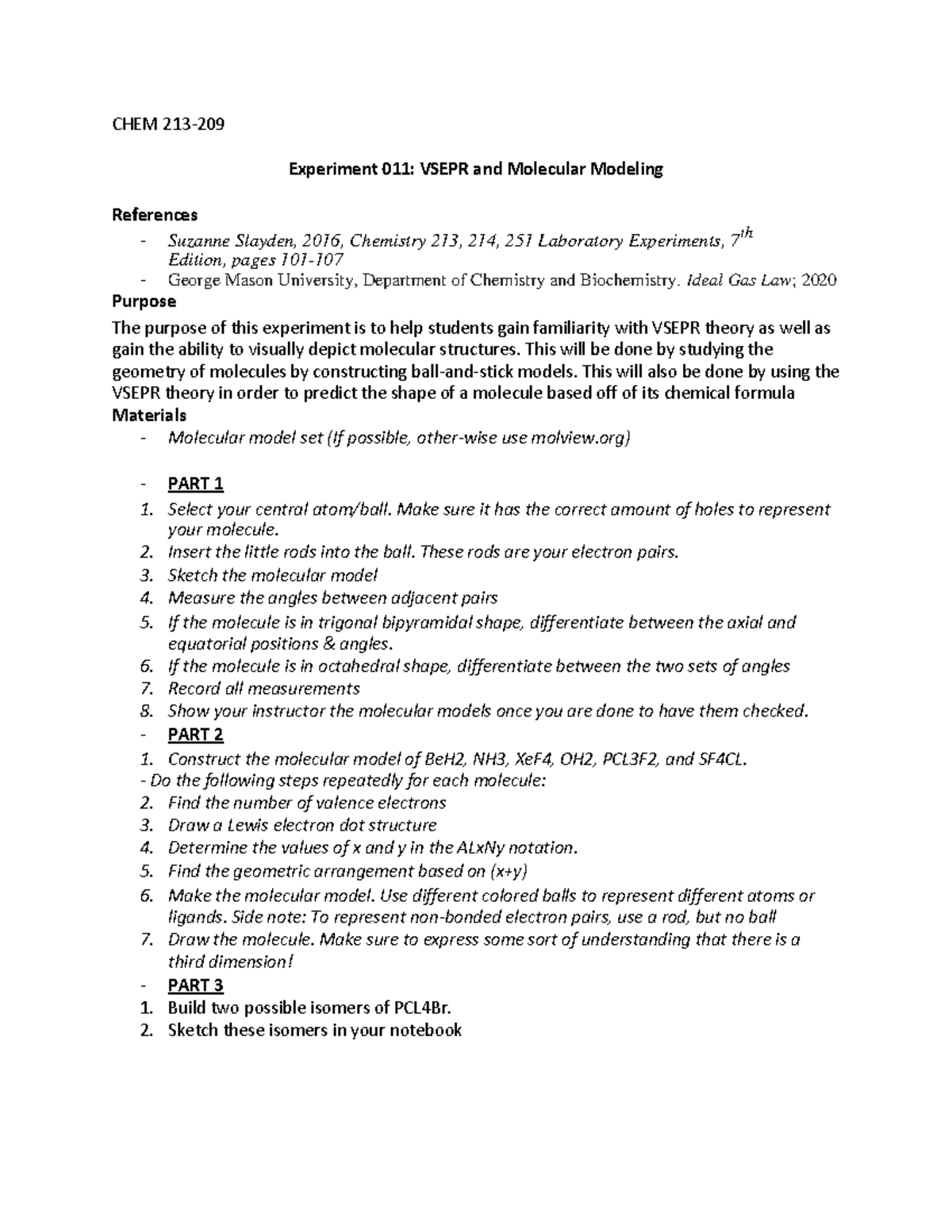 CHEM 213 - Vesper and molecular modeling lab - CHEM 213- 209 Experiment ...