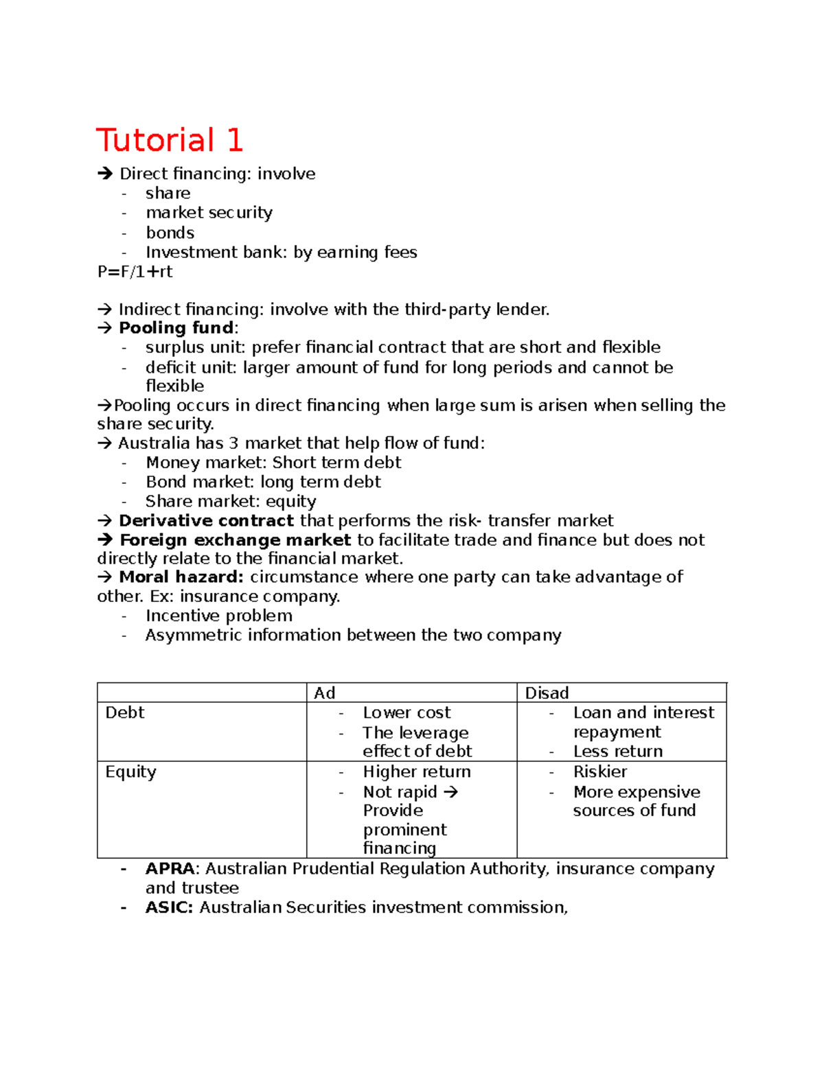 Tutorial 1 - Tut1 - Tutorial 1 Direct financing: involve - share - market security - bonds ...