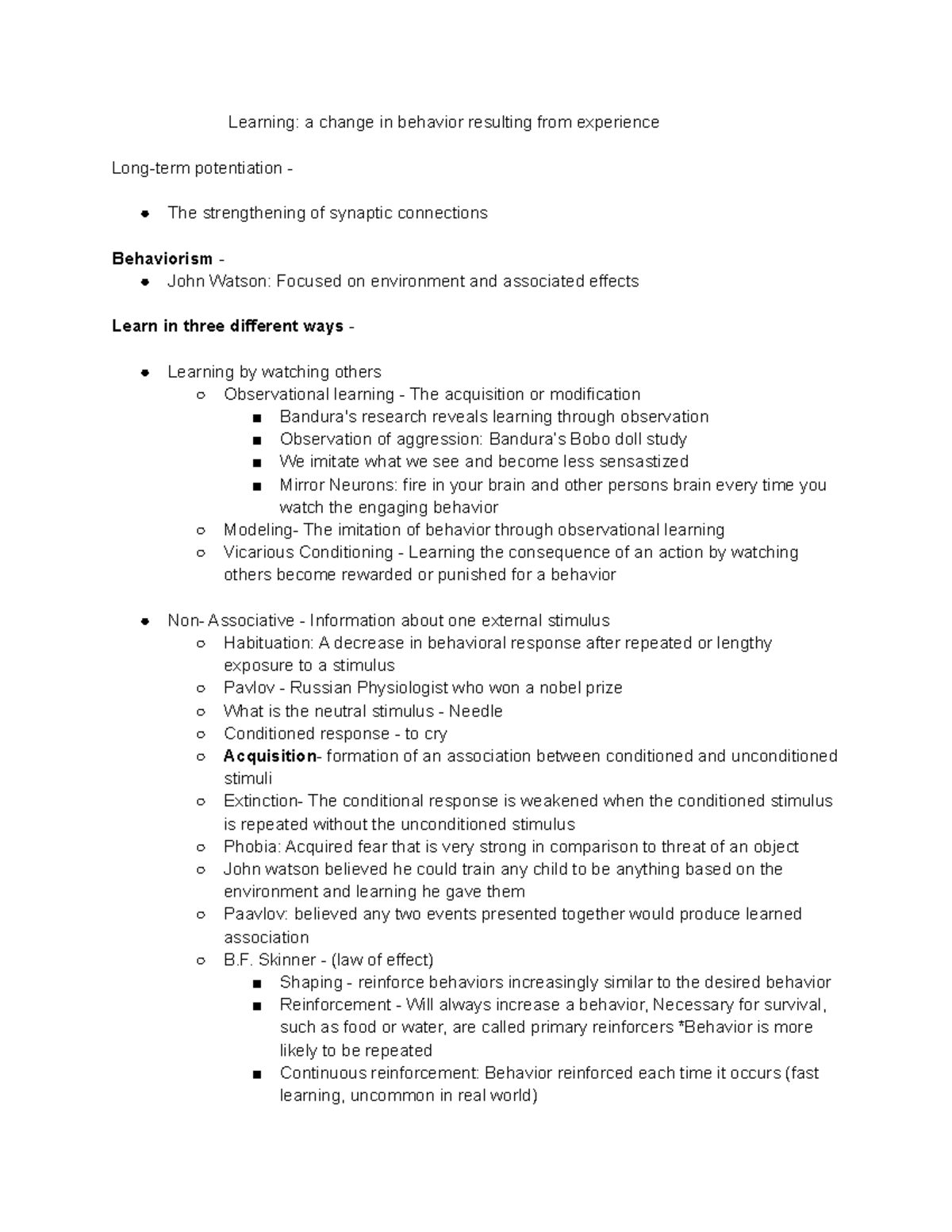 Psych 101 Notes - Learning: a change in behavior resulting from ...
