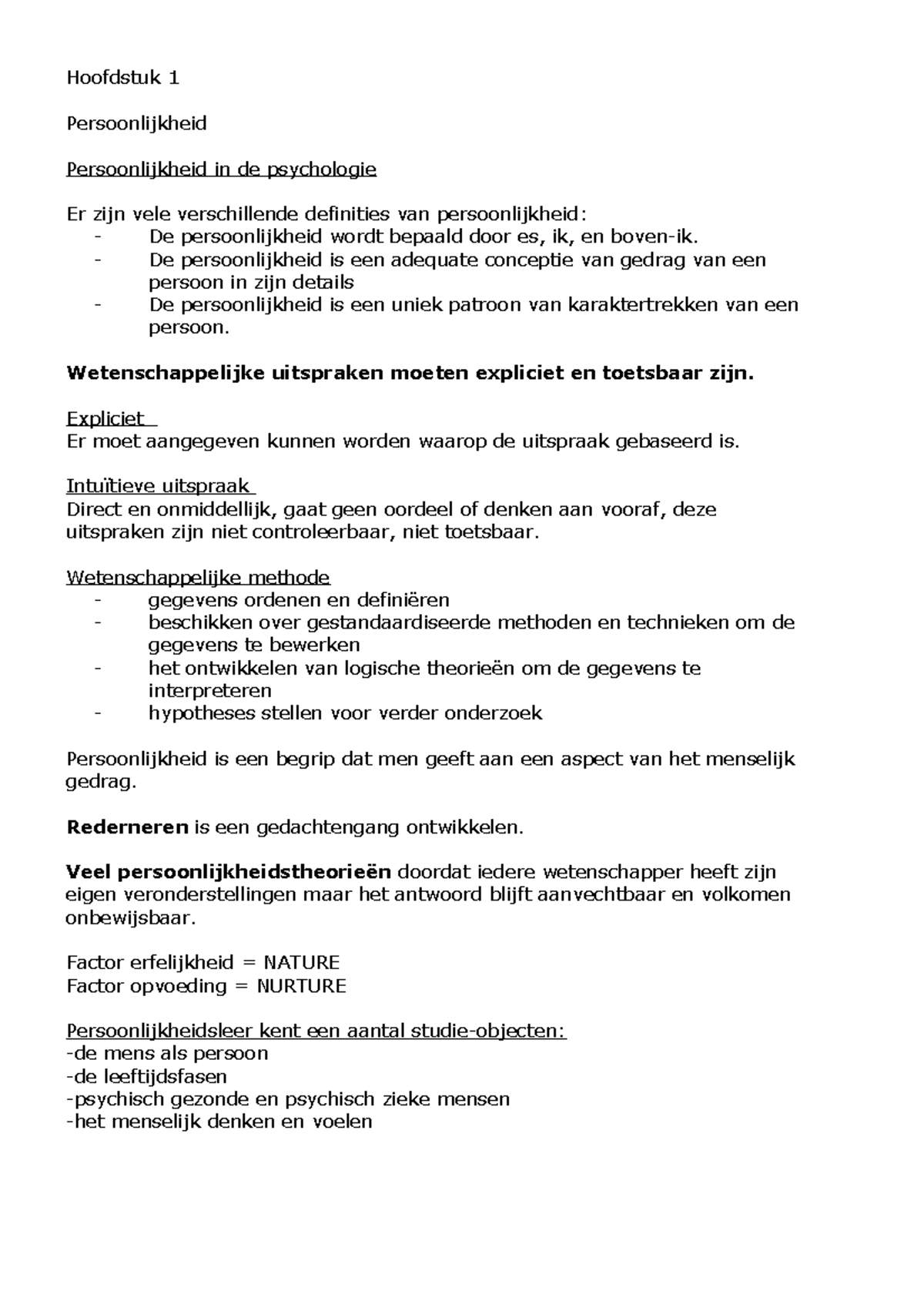 Hoofdstuk 1 - Persoonlijkheidsleer - Hoofdstuk 1 Persoonlijkheid ...