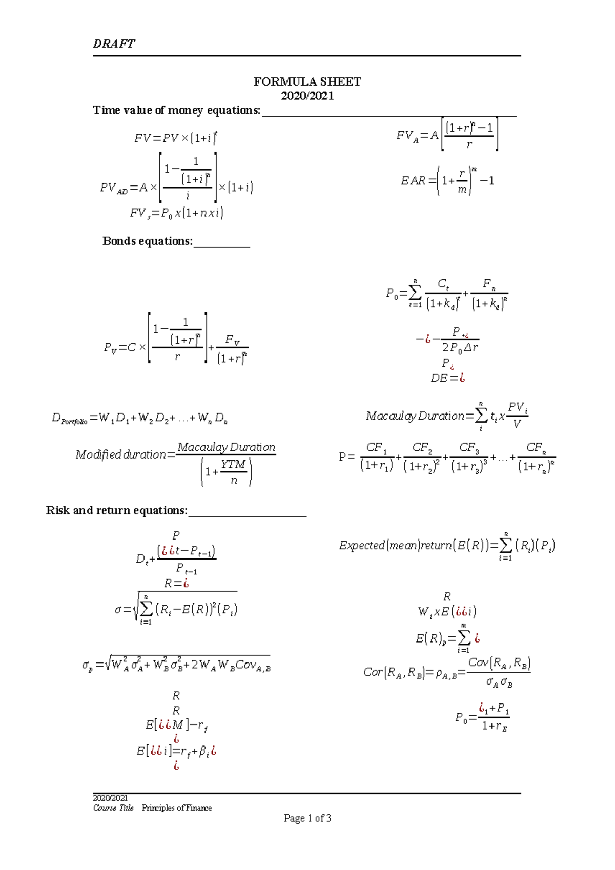 Formula sheet Draft equations - DRAFT FORMULA SHEET 2020/ Time value of ...