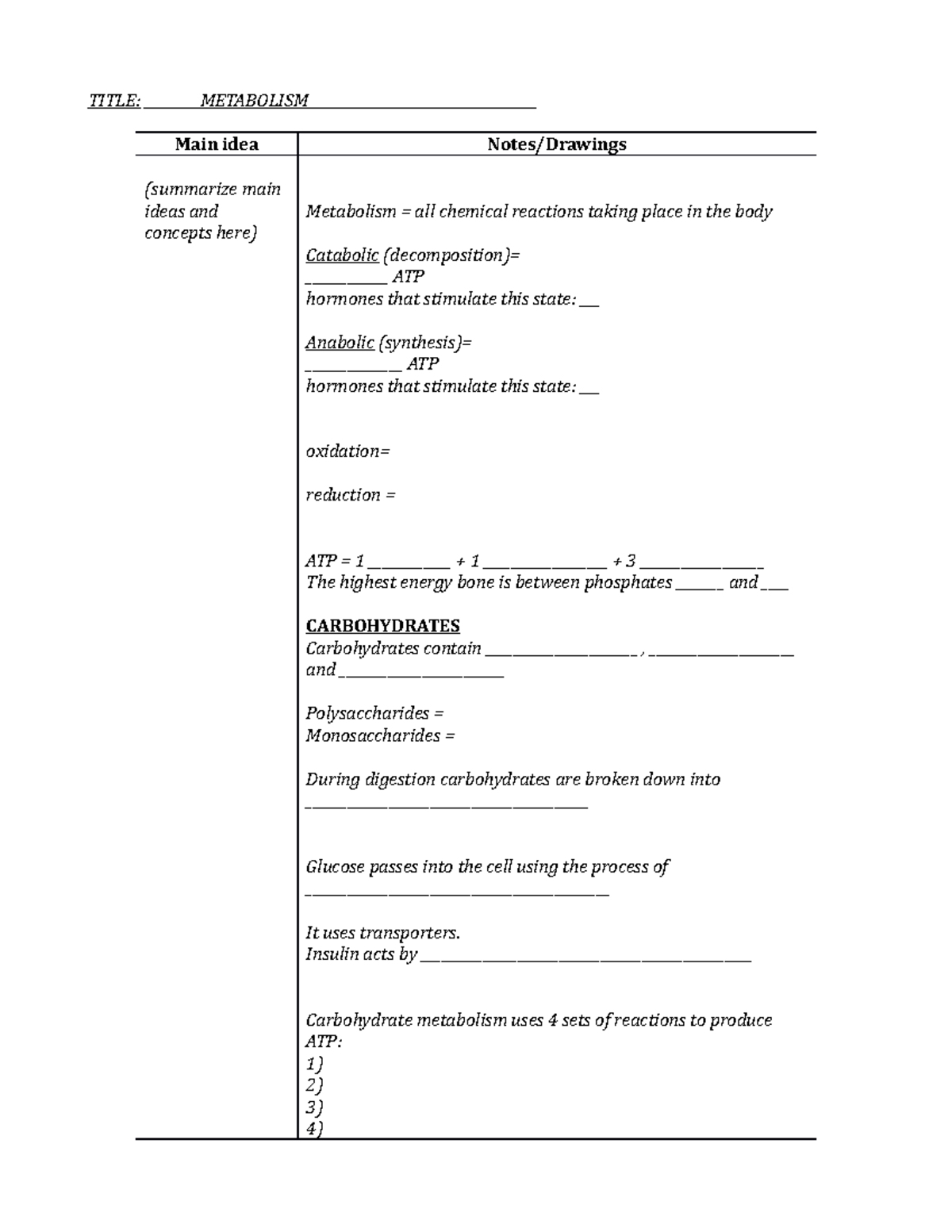 Cornell notes metabolism - TITLE: METABOLISM Main idea Notes/Drawings ...