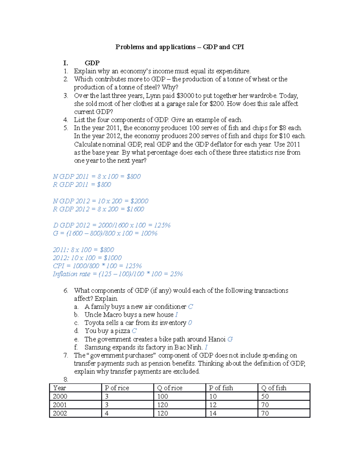 GDP and CPI - gdp cpi - Problems and applications – GDP and CPI I. GDP ...