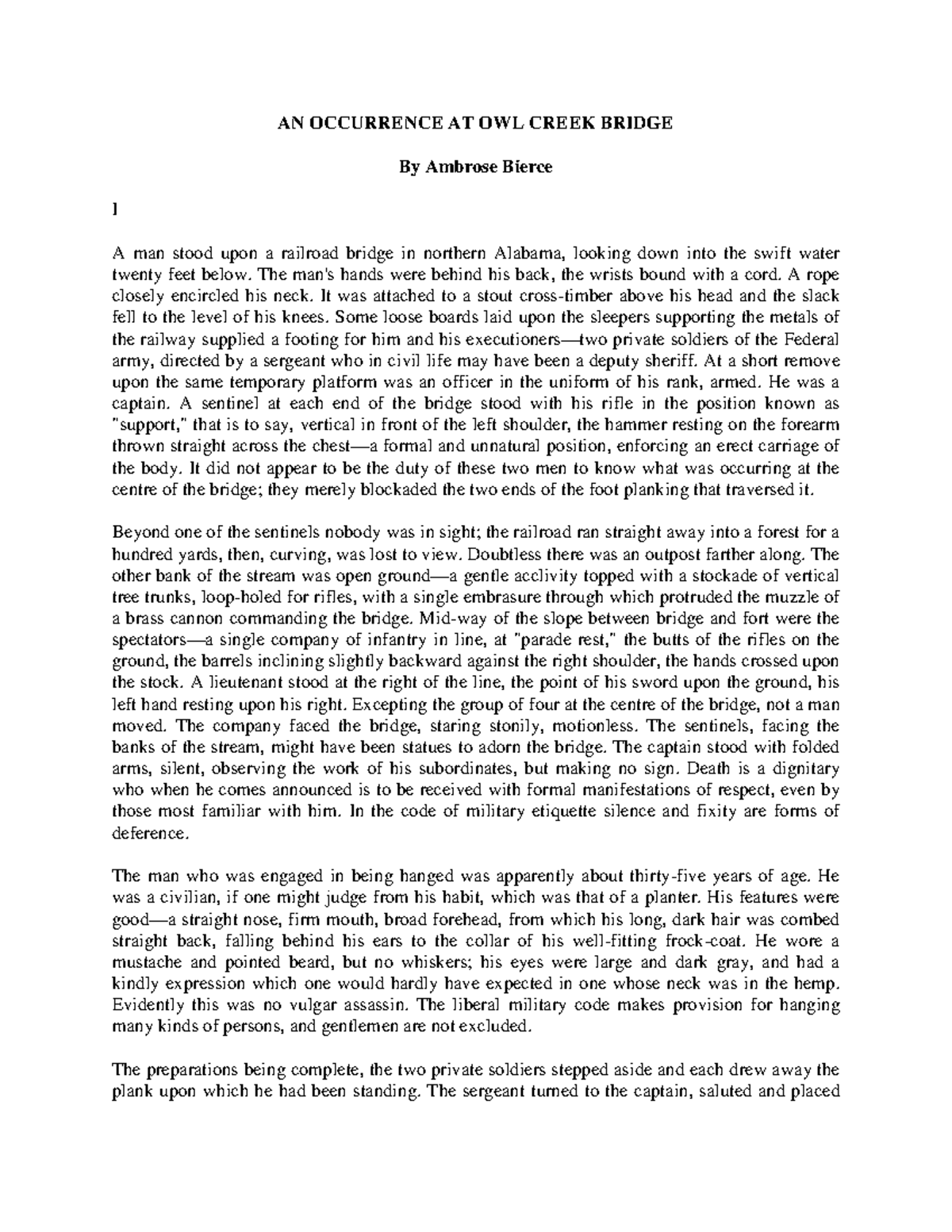 AN Occurrence AT OWL Creek Bridge - AN OCCURRENCE AT OWL CREEK BRIDGE ...