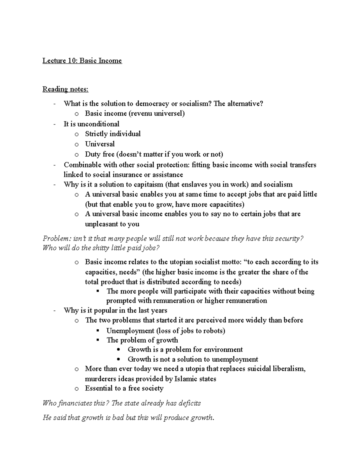 Lecture 10 Basic Income - Lecture 10: Basic Income Reading notes: What ...