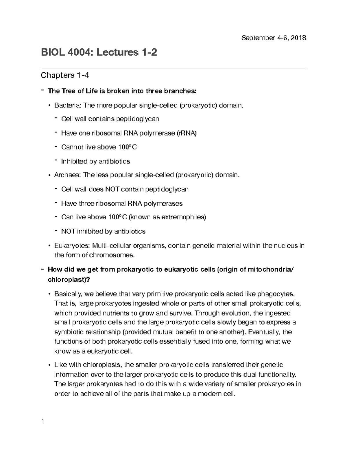 BIOL4004Ch1-4 - Lecture notes chap 1-2 - September 2018 BIOL 4004 ...