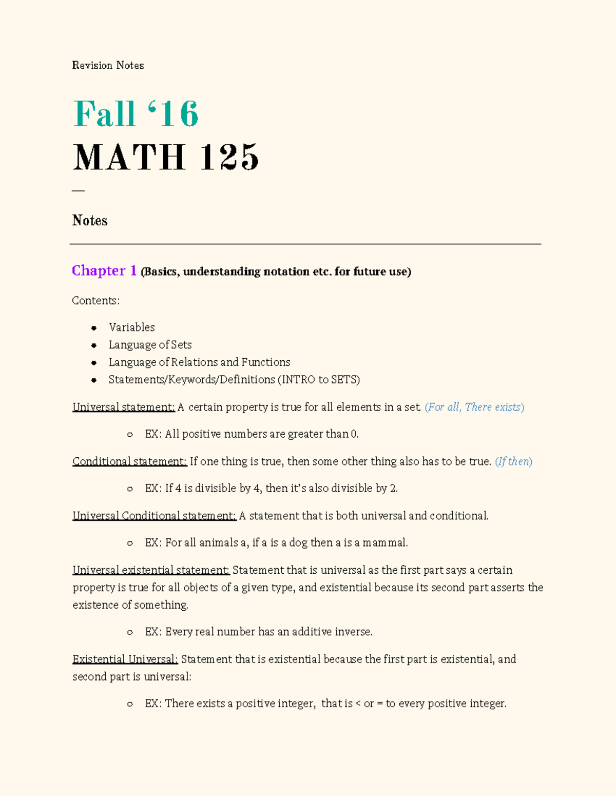Math 125 ch.1 + 2 - Lecture notes 1-3 - Revision Notes Fall MATH 125 ...