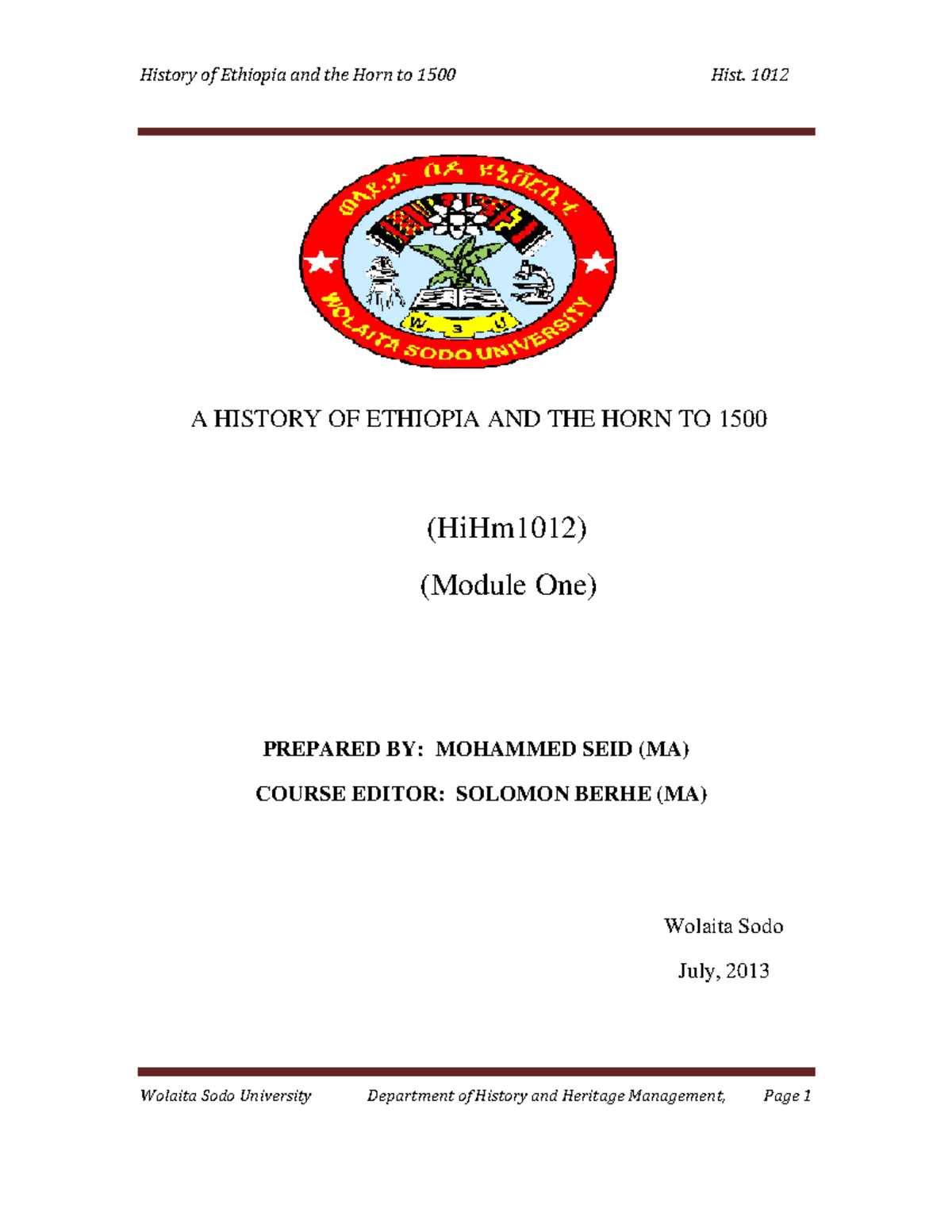 A History OF Ethiopia AND THE HORN TO 1500 Hi Hm1012 - A HISTORY OF ...
