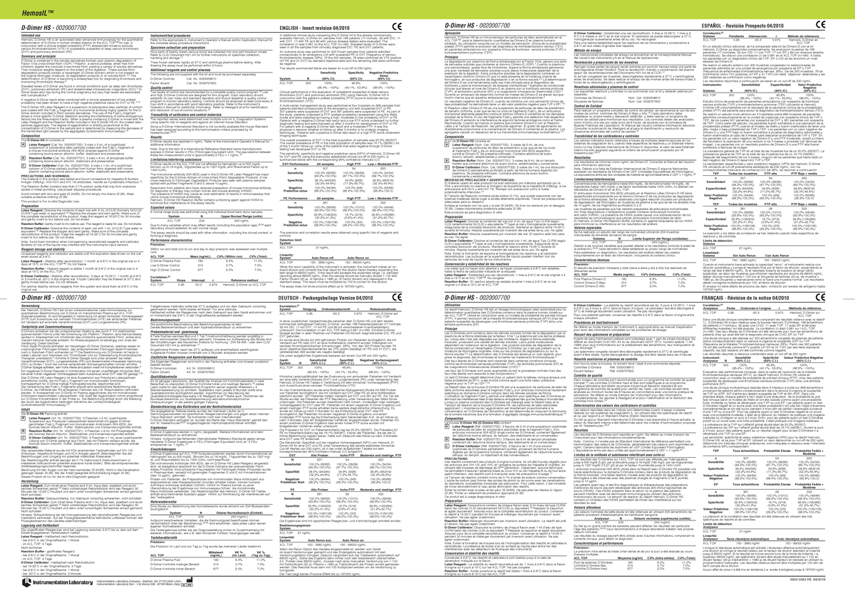 D-Dimer HS - inserto - 3800-3383 R 5 04 /20 10 Instrumentation ...