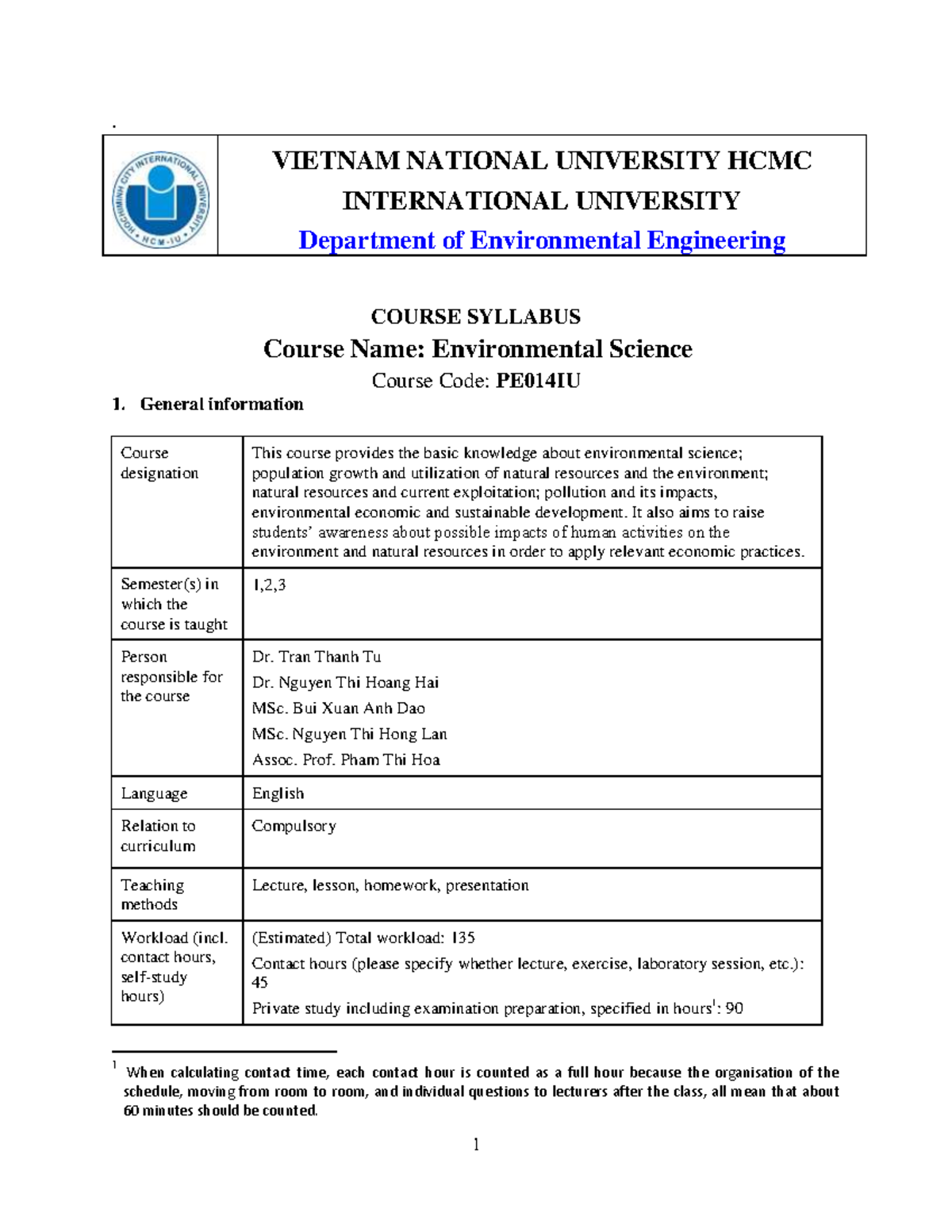PE014IU Environmental-science syllabus (10 - . VIETNAM NATIONAL ...