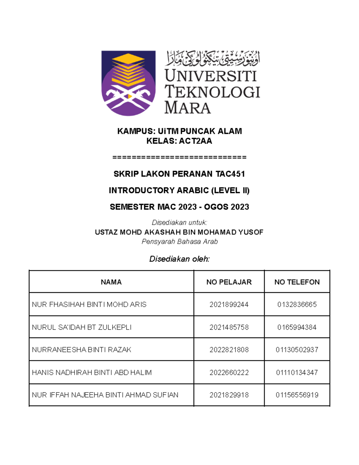 Skrip Roleplay TAC451 - Arabic language - KAMPUS: UiTM PUNCAK ALAM ...
