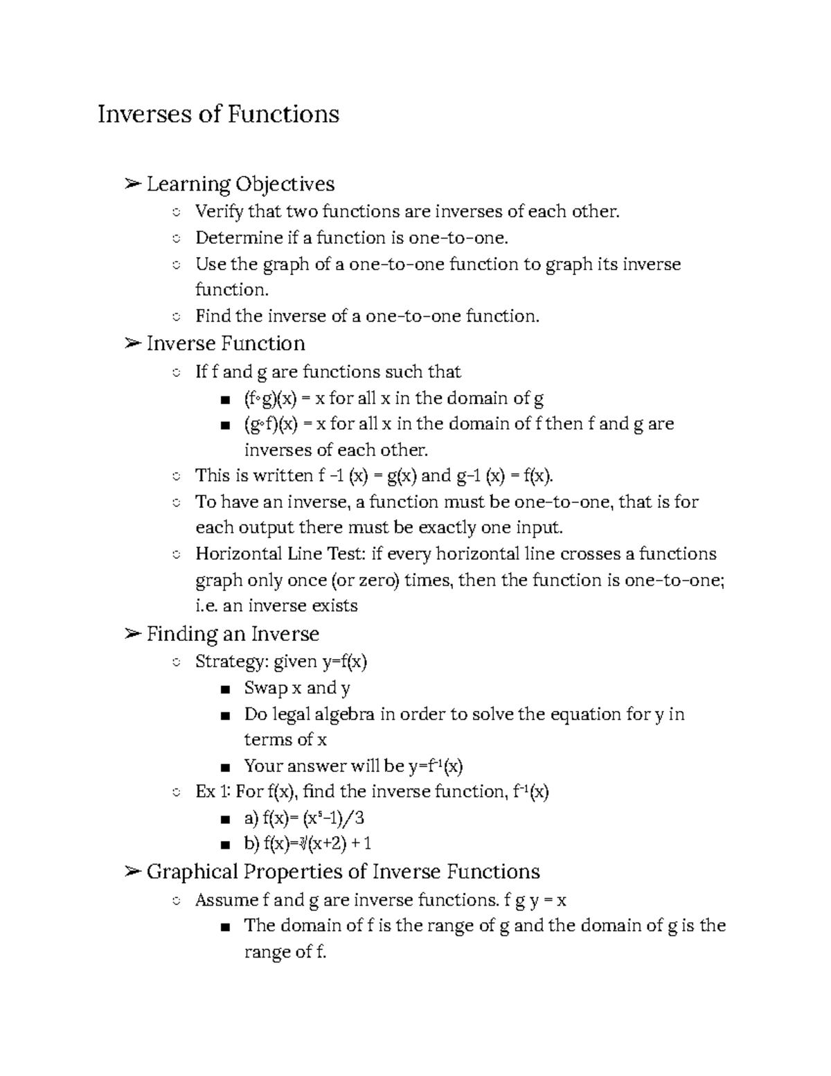 Math 1050 Lecture Notes Class 5 - Inverses of Functions Learning ...