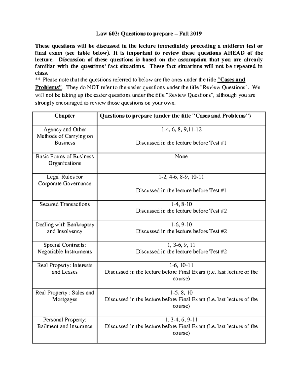 Law 603 - Questions to prepare for class - Fall 2019 - Law 603 ...