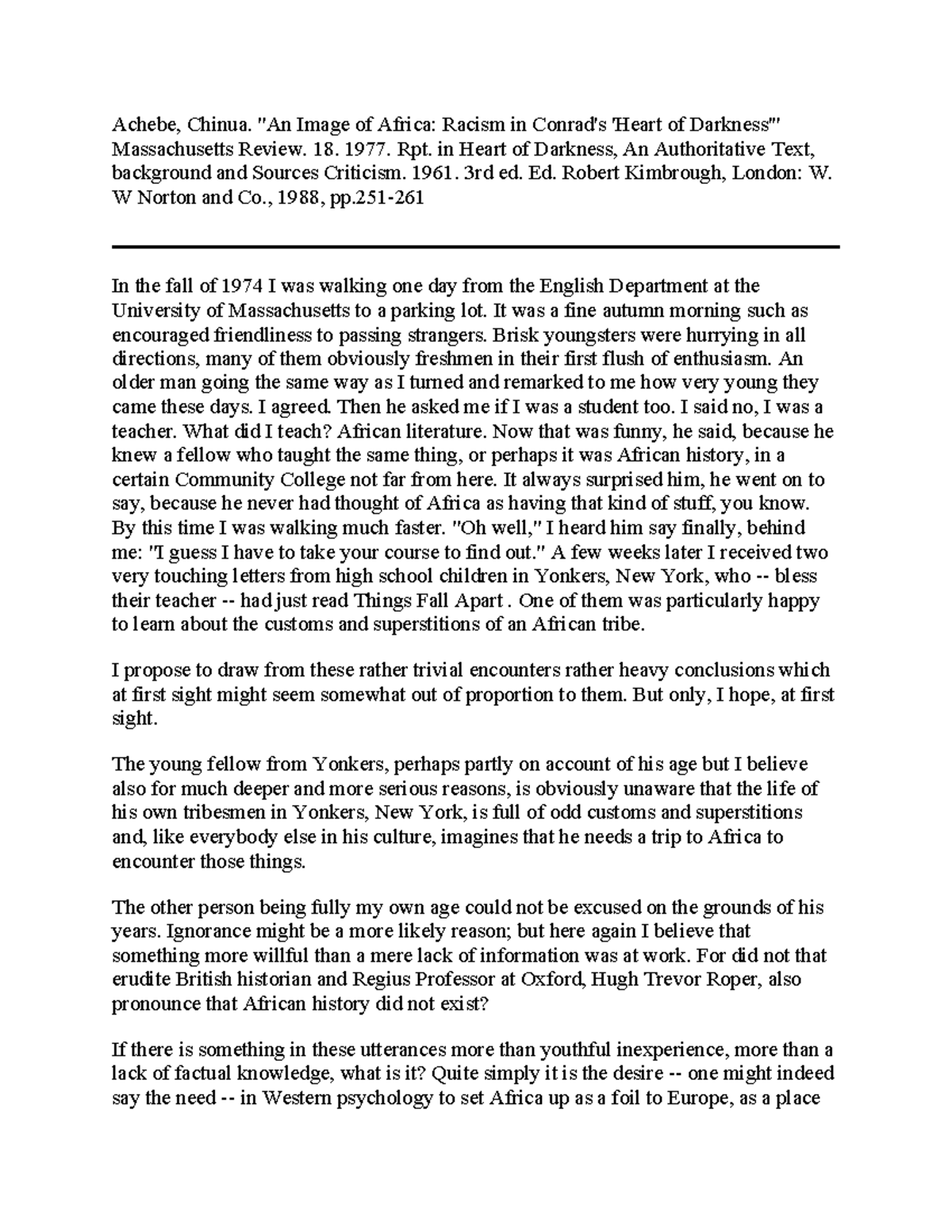 An Image of Africa-Racism in Conrad's 'Heart of Darkness - Achebe ...