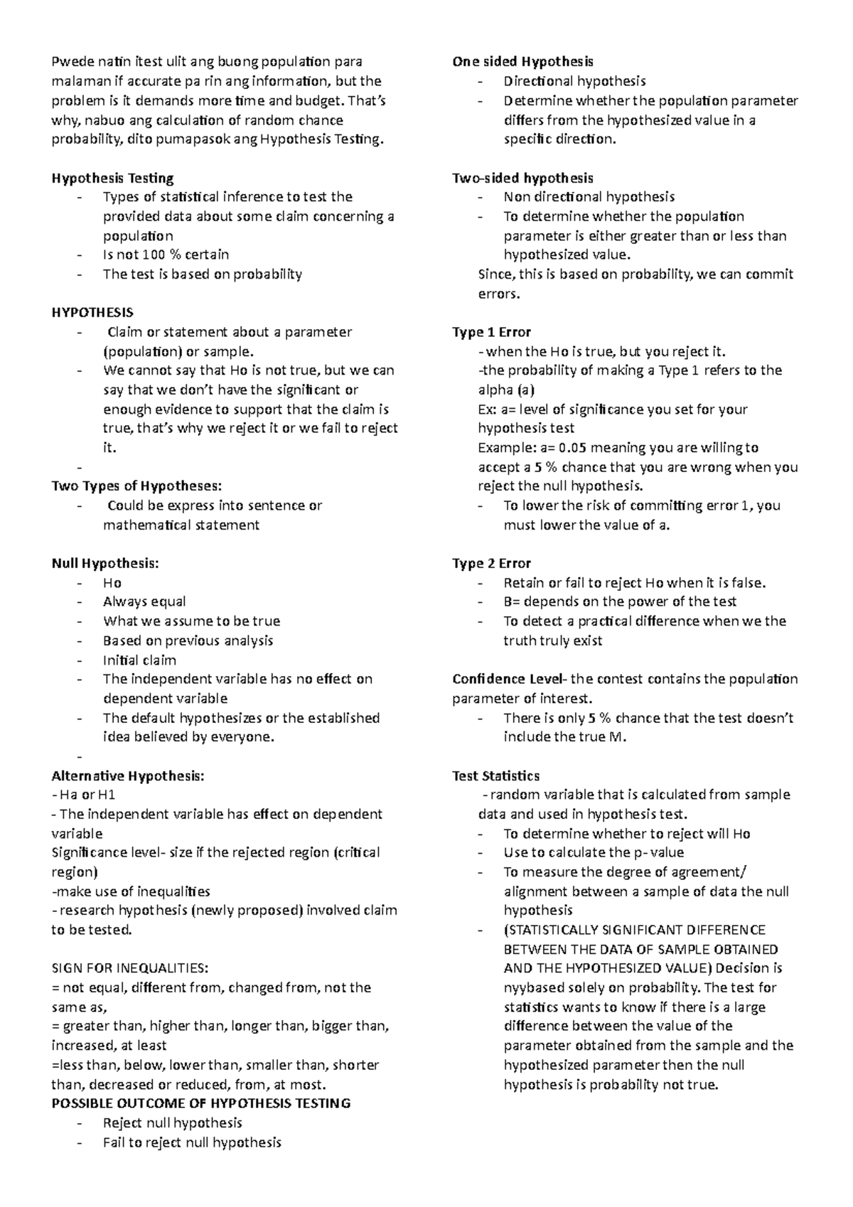Hypothesis Testing Lecture Notes On Elementary Stat Pwede Natin Itest Ulit Ang Buong