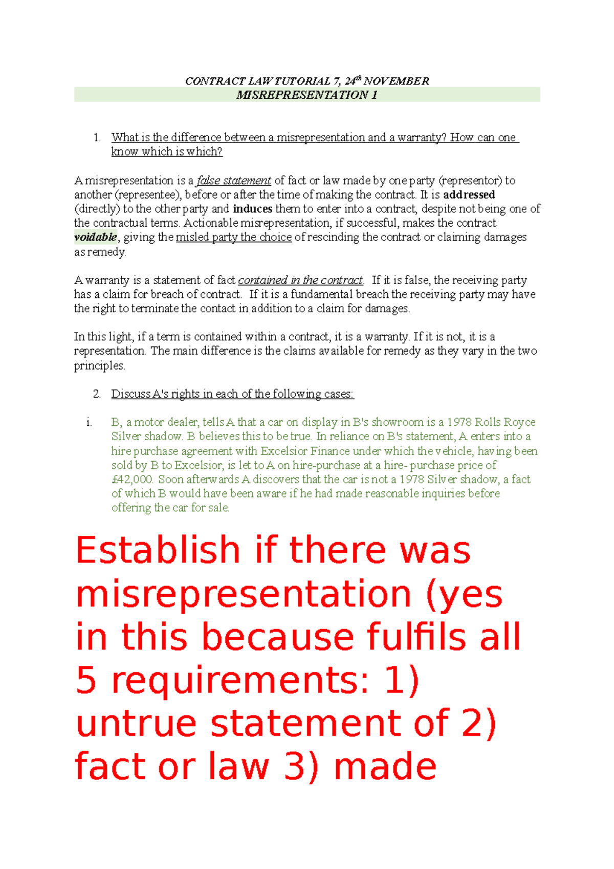 Tutorial 7 answer sheet - CONTRACT LAW TUTORIAL 7, 24th NOVEMBER ...