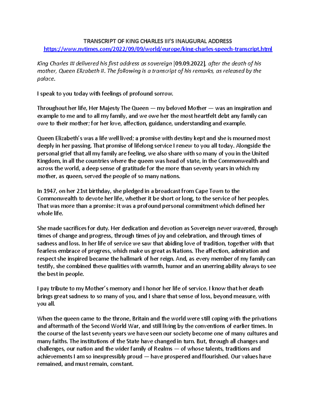 Transcript of King Charles III's Inaugural Address - TRANSCRIPT OF KING ...