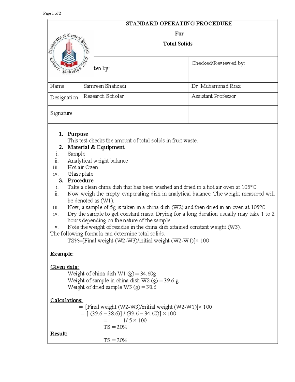 SOP for total solid analysis - Page 1 of 2 STANDARD OPERATING PROCEDURE ...