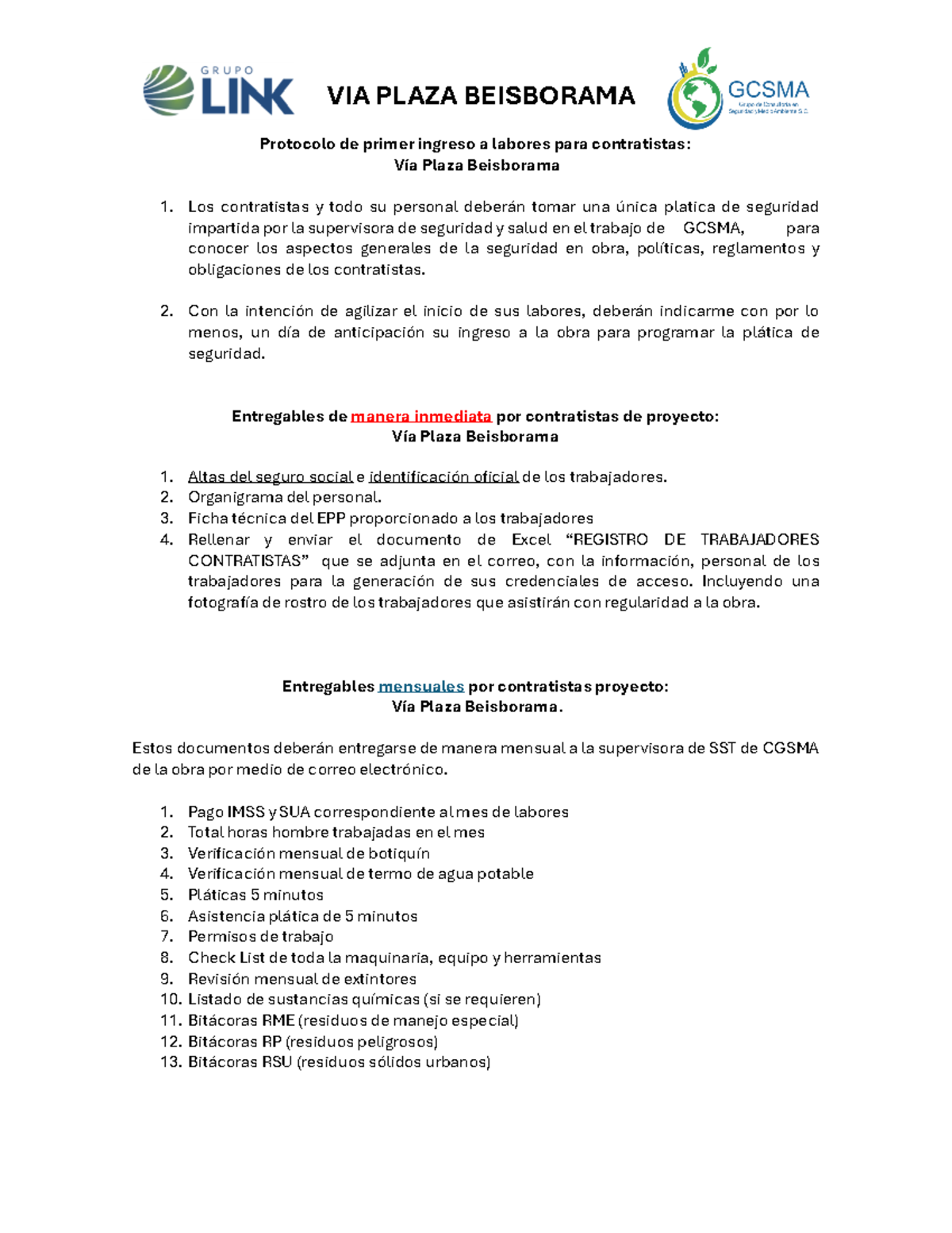 Entregables DE LOS Contratistas - VIA PLAZA BEISBORAMA Protocolo de ...