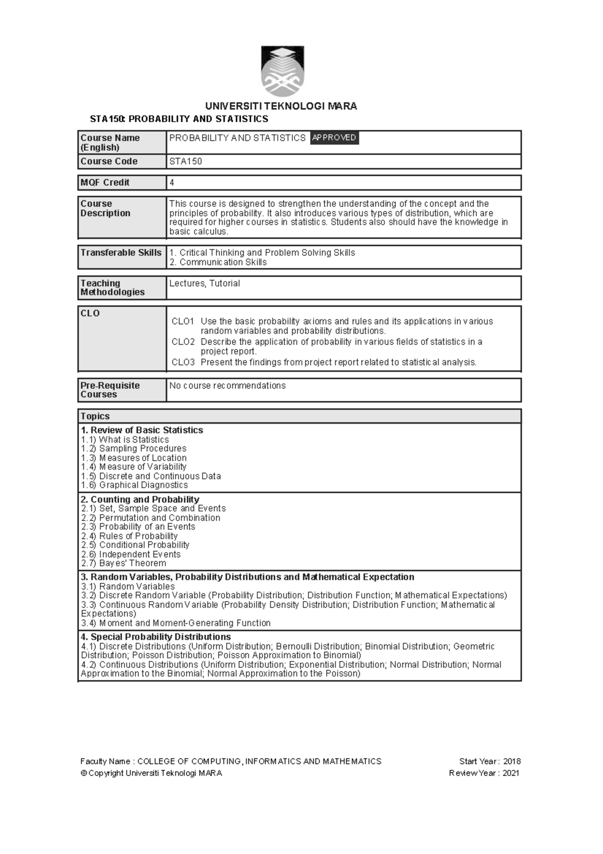 Course Probability AND Statistics - UNIVERSITI TEKNOLOGI MARA STA150: PROBABILITY AND STATISTICS ...