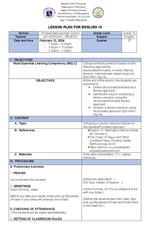 Q3-M4-L5 - LESSON PLAN - Detailed Lesson Plan in English for Grade 10 School Trinidad National ...