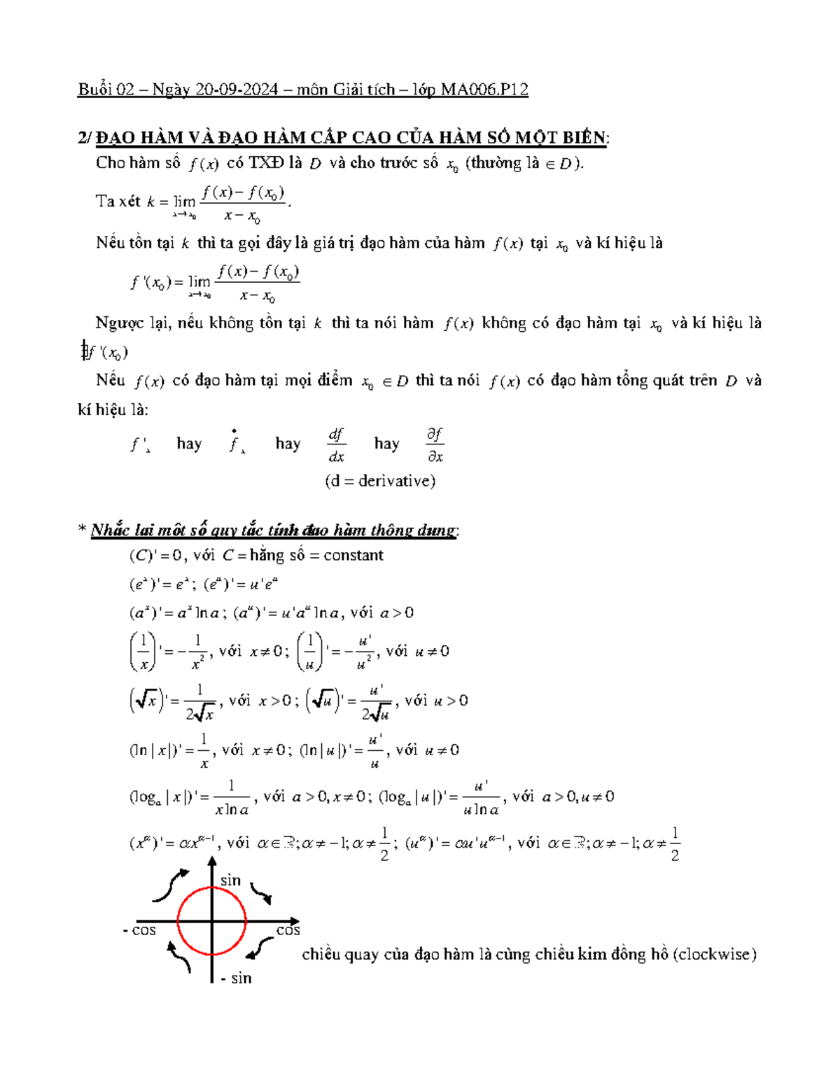 Buoi 02 - Ngay 20-09-2024 - mon Giai tich - lop MA006 - Buổ i 02 – Ngày ...