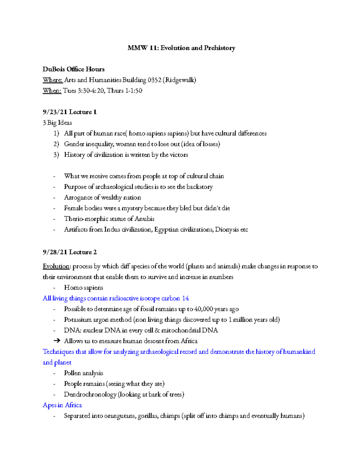 MMW 11 Evolution and Prehistory Lecture Notes - MMW 11: Evolution and ...