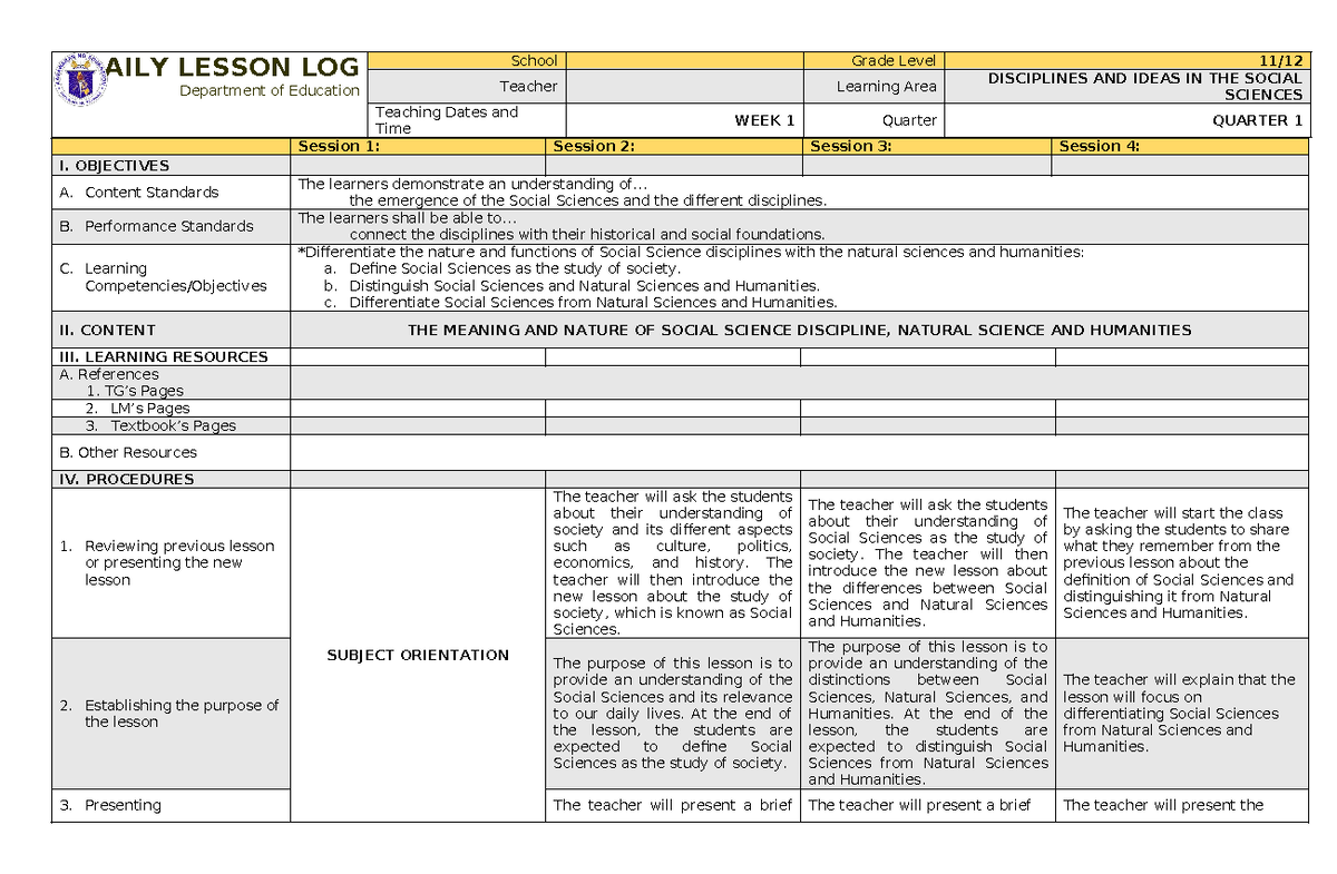 DISS Q1 WEEK1 DLL - DAILY LESSON LOG Department of Education School ...