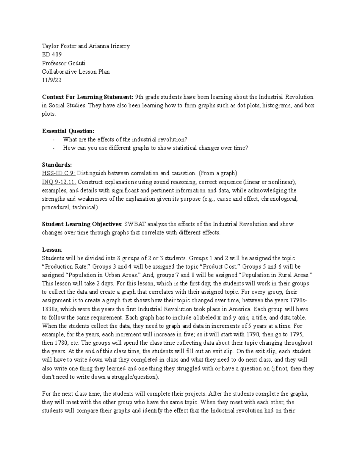 Collaborative Lesson Plan Outline - Taylor Foster and Arianna Irizarry ...