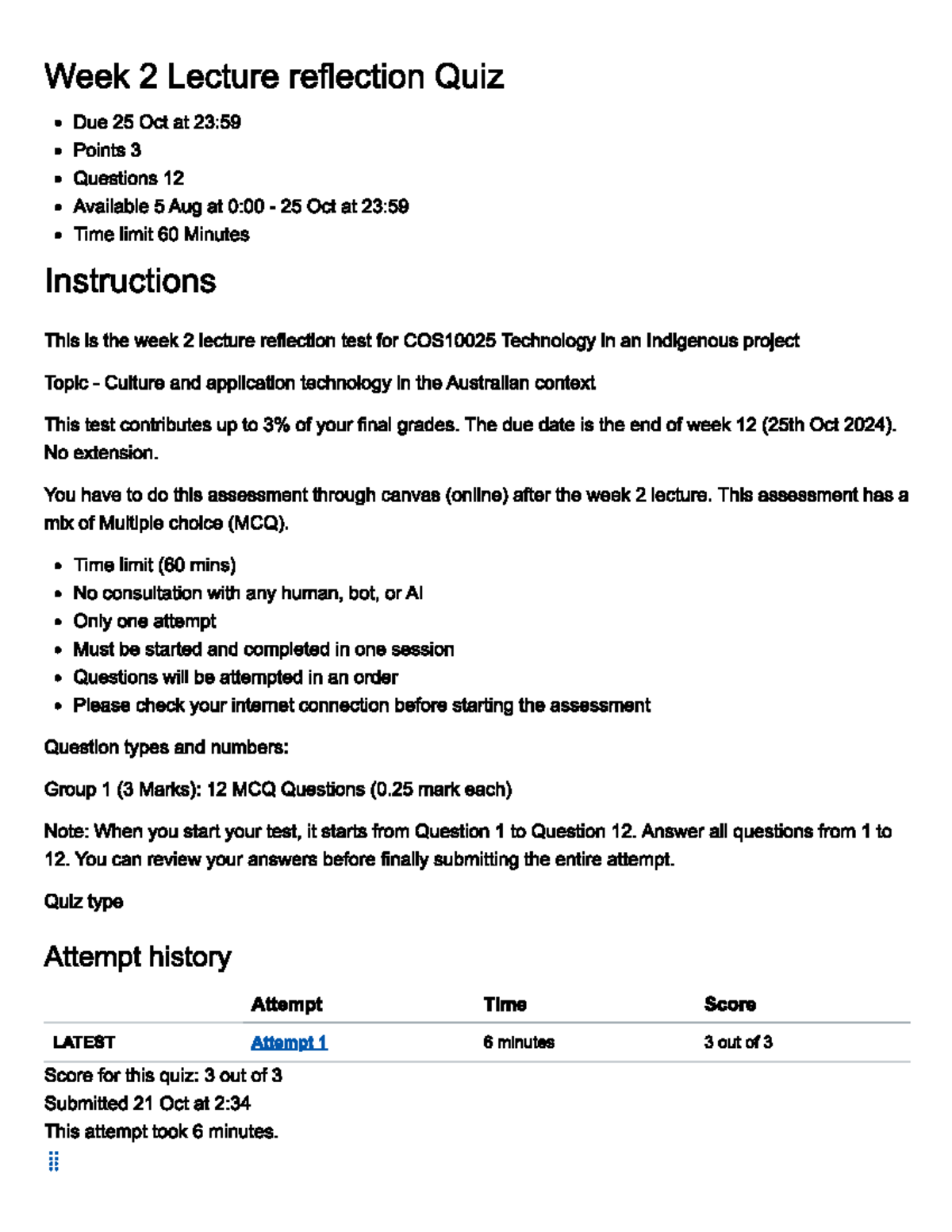 Quizz 2 - Week 2 Lecture reflection Quiz Due 25 Oct at 23:59 Points 3 ...