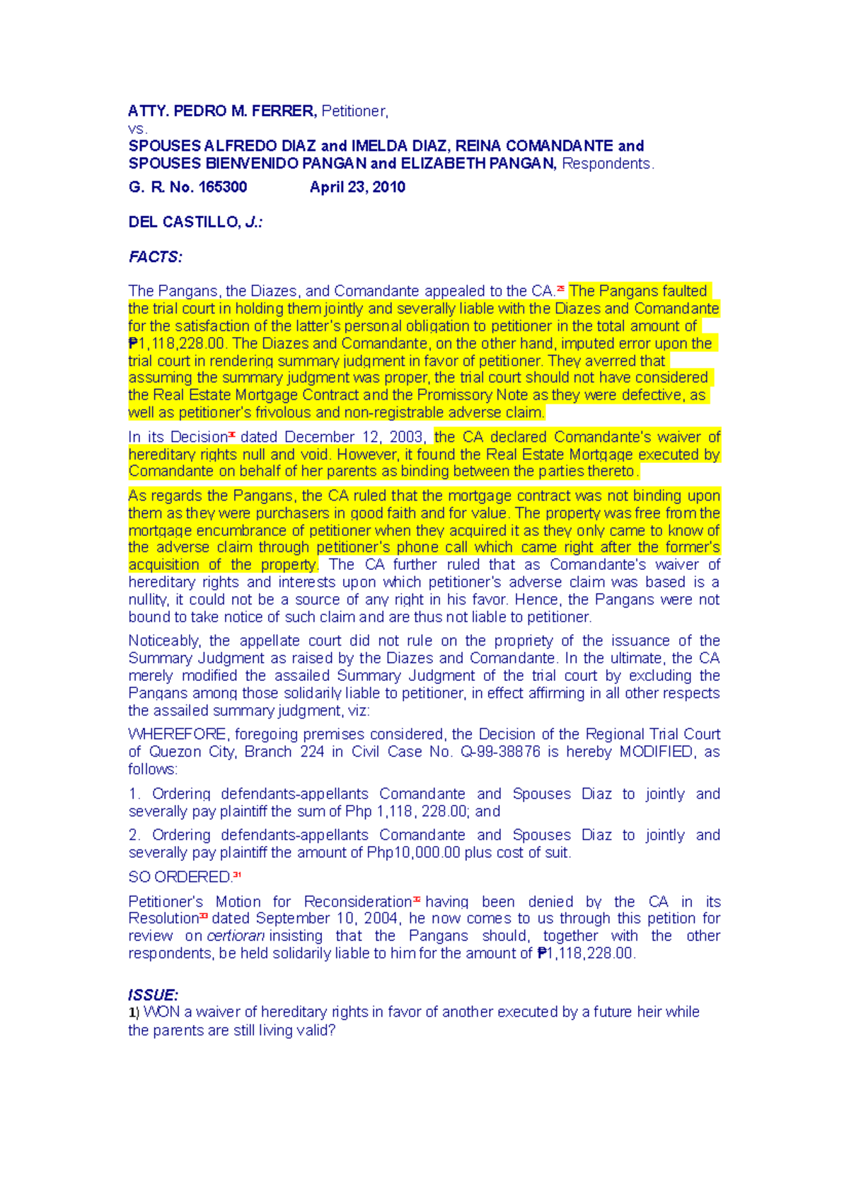 4.Atty. Ferrer vs. Spouses Diaz, G.R. # 165300, Apr. 23, 2010 - ATTY ...