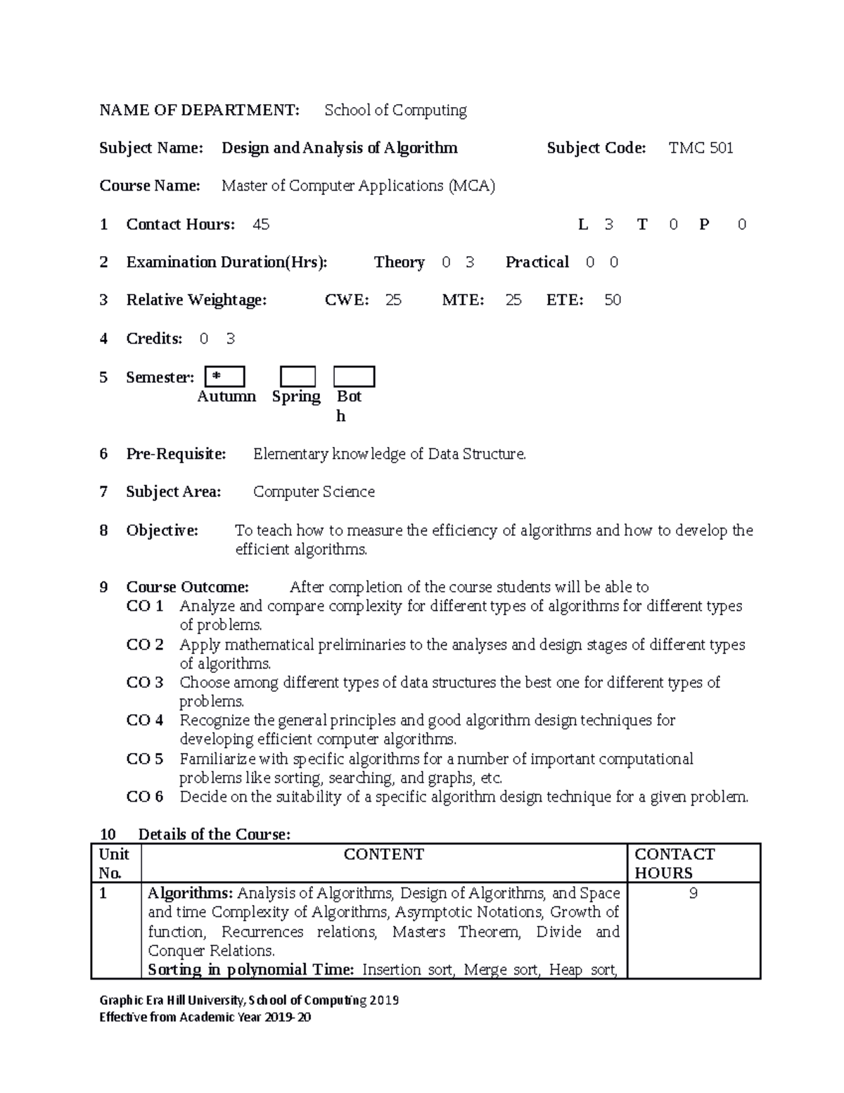 TMC 301 Design and Analysis of Algorithm - NAME OF DEPARTMENT: School of Computing Subject Name ...