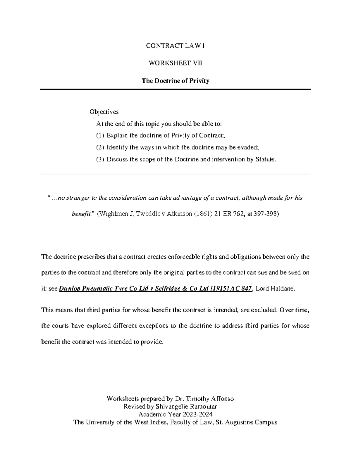 Worksheet 7 - Doctrine of Privity of Contract - Worksheets prepared by ...