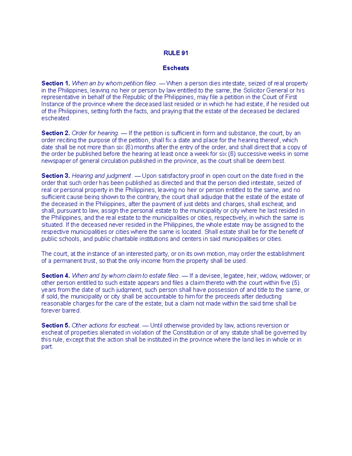 Rule 91 - escheat - rule 91 of the roc - RULE 91 Escheats Section 1 ...