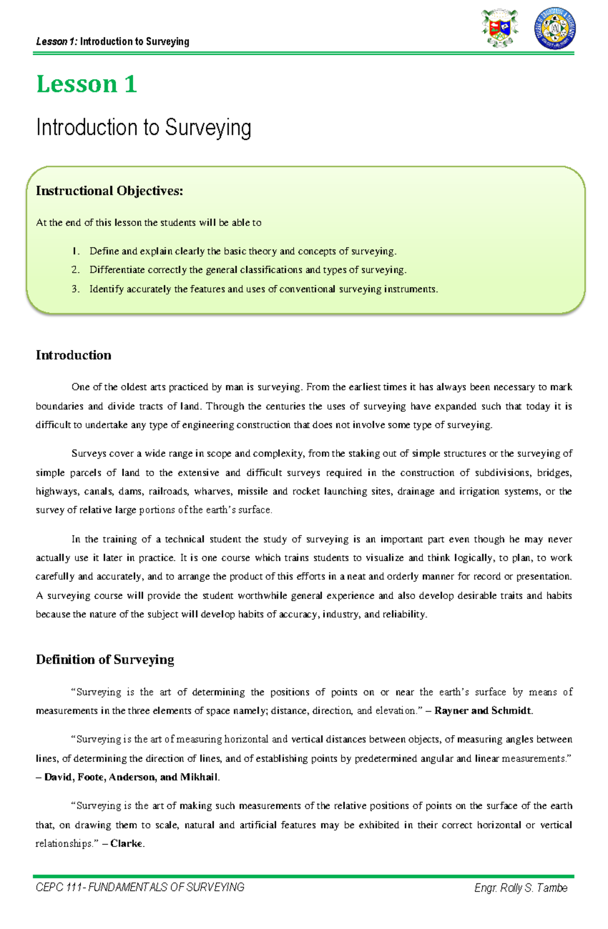 CEPC 111-Lesson 1 - Lesson 1 Introduction to Surveying Instructional ...