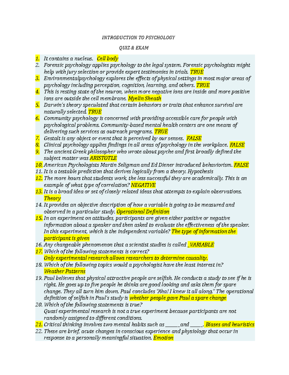 Introduction TO Psychology - INTRODUCTION TO PSYCHOLOGY QUIZ & EXAM It ...