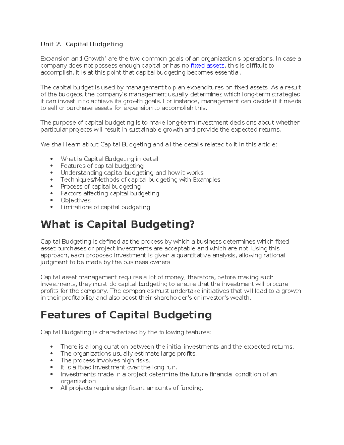 Capital Budgeting - Unit 2. Capital Budgeting Expansion and Growth’ are the two common goals of ...