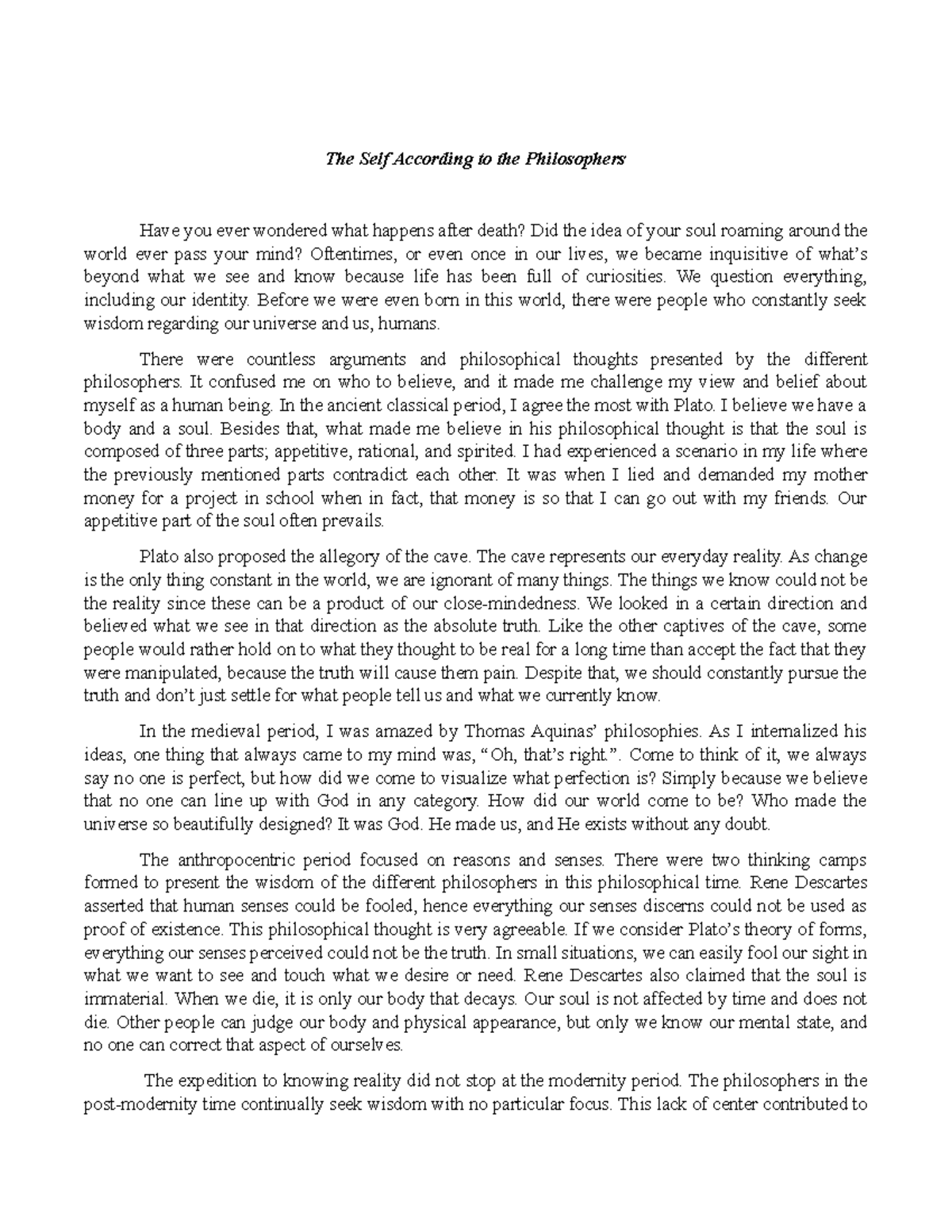 Lesson 1 reflection - Self - The Self According to the Philosophers ...