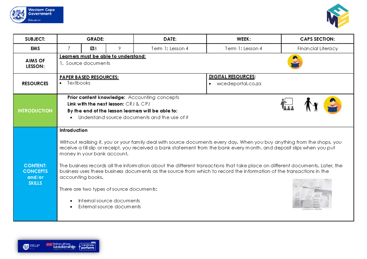 Lesson Plan Grade 8 EMS Term 1 Lesson 4 - SUBJECT: GRADE: DATE: WEEK ...