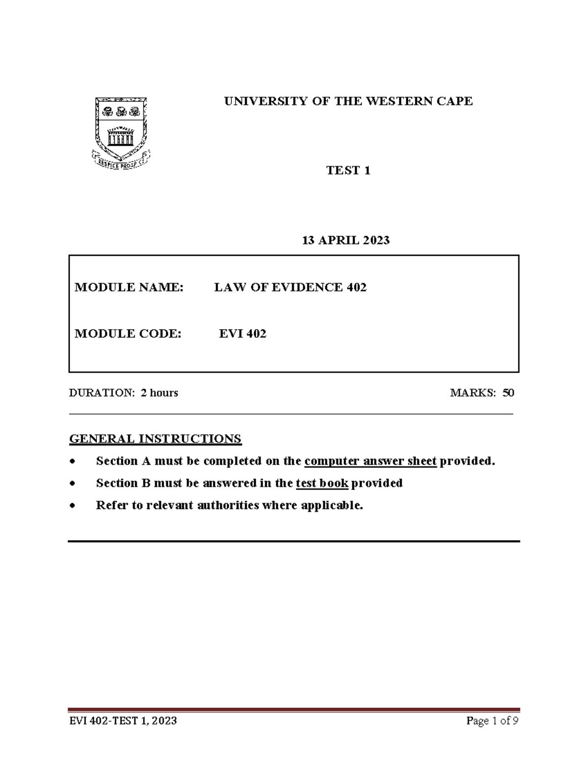 Evidence Test 1 2023 - UNIVERSITY OF THE WESTERN CAPE TEST 1 13 APRIL ...