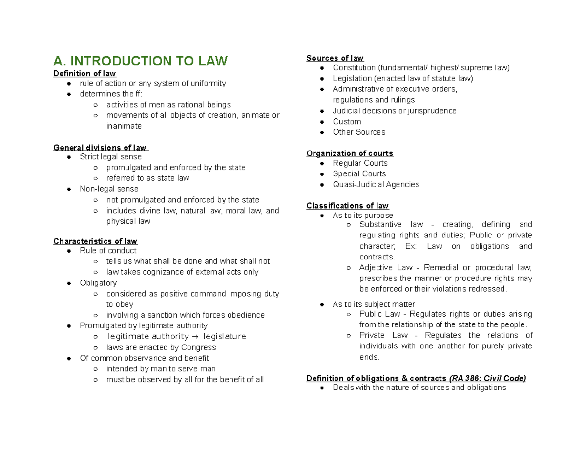 Introduction TO LAW - A. INTRODUCTION TO LAW Definition of law rule of ...