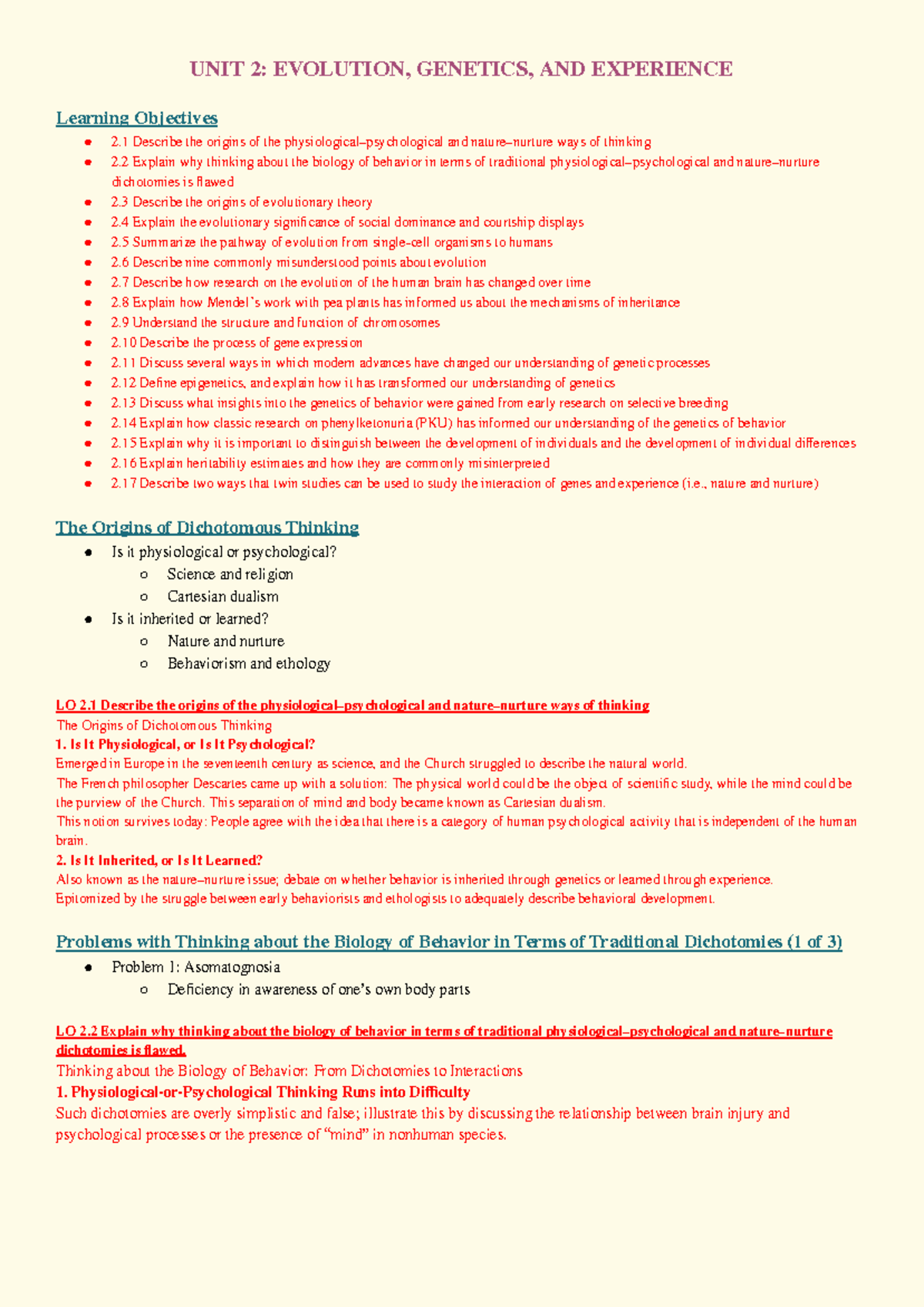 Unit 2 Evolution, Genetics, and Experience - UNIT 2: EVOLUTION ...