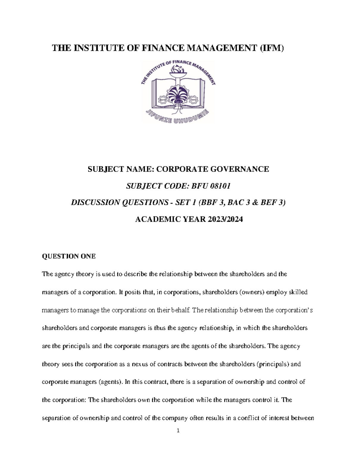 Corporate Governance Discussion QNS- 2023 - 1 THE INSTITUTE OF FINANCE MANAGEMENT (IFM) SUBJECT ...