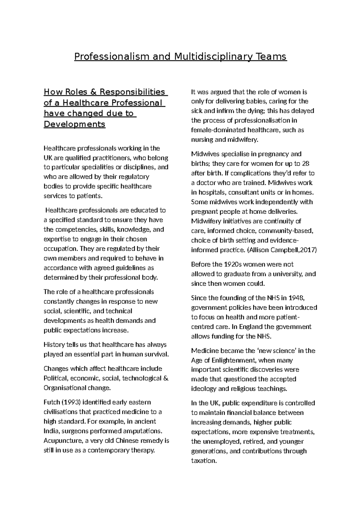 Unit 8 - Professionalism and Multidisciplinary Teams - Professionalism ...