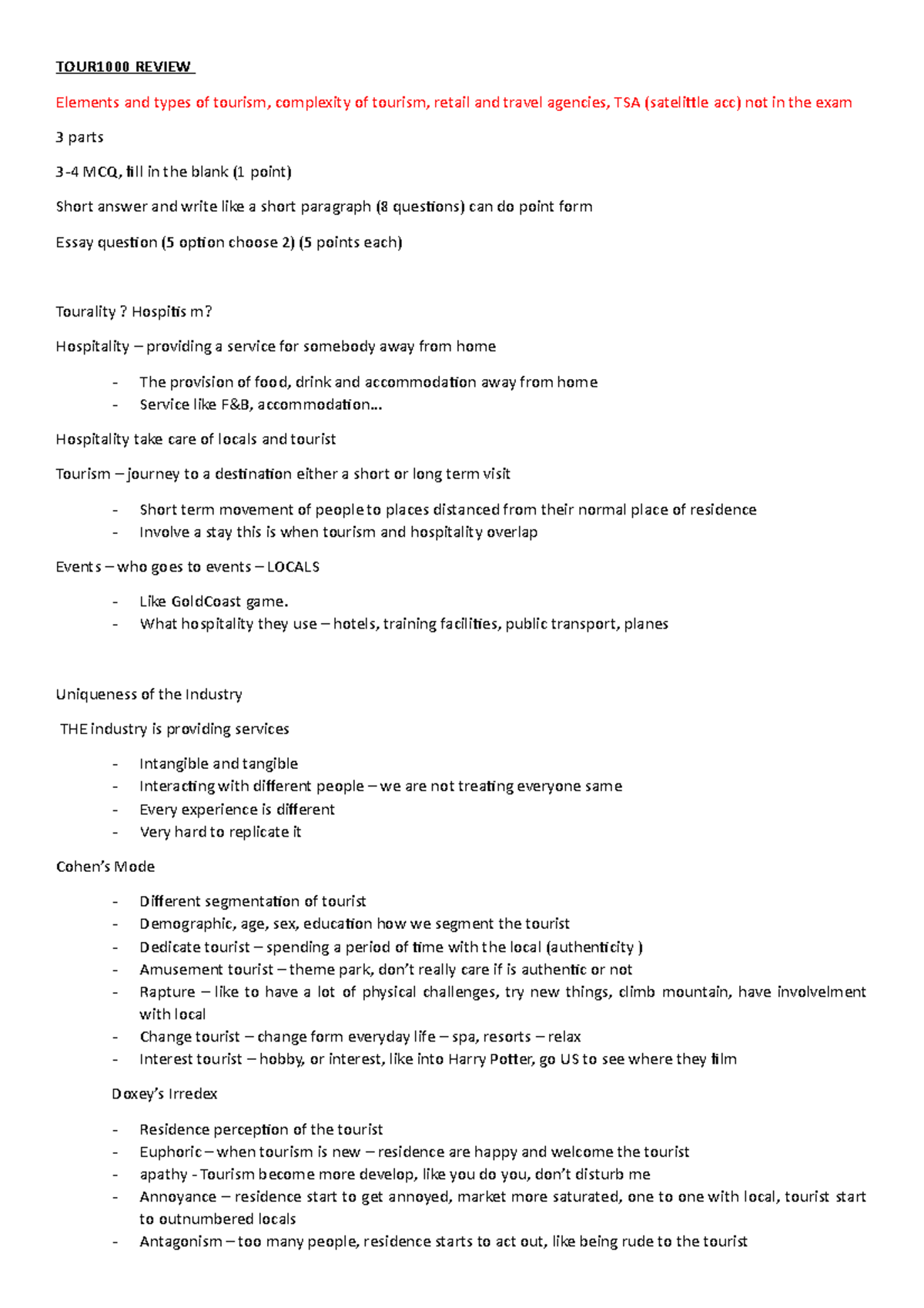 TOUR1000 Review - Summary Principles of Tourism, Hospitality & Events ...