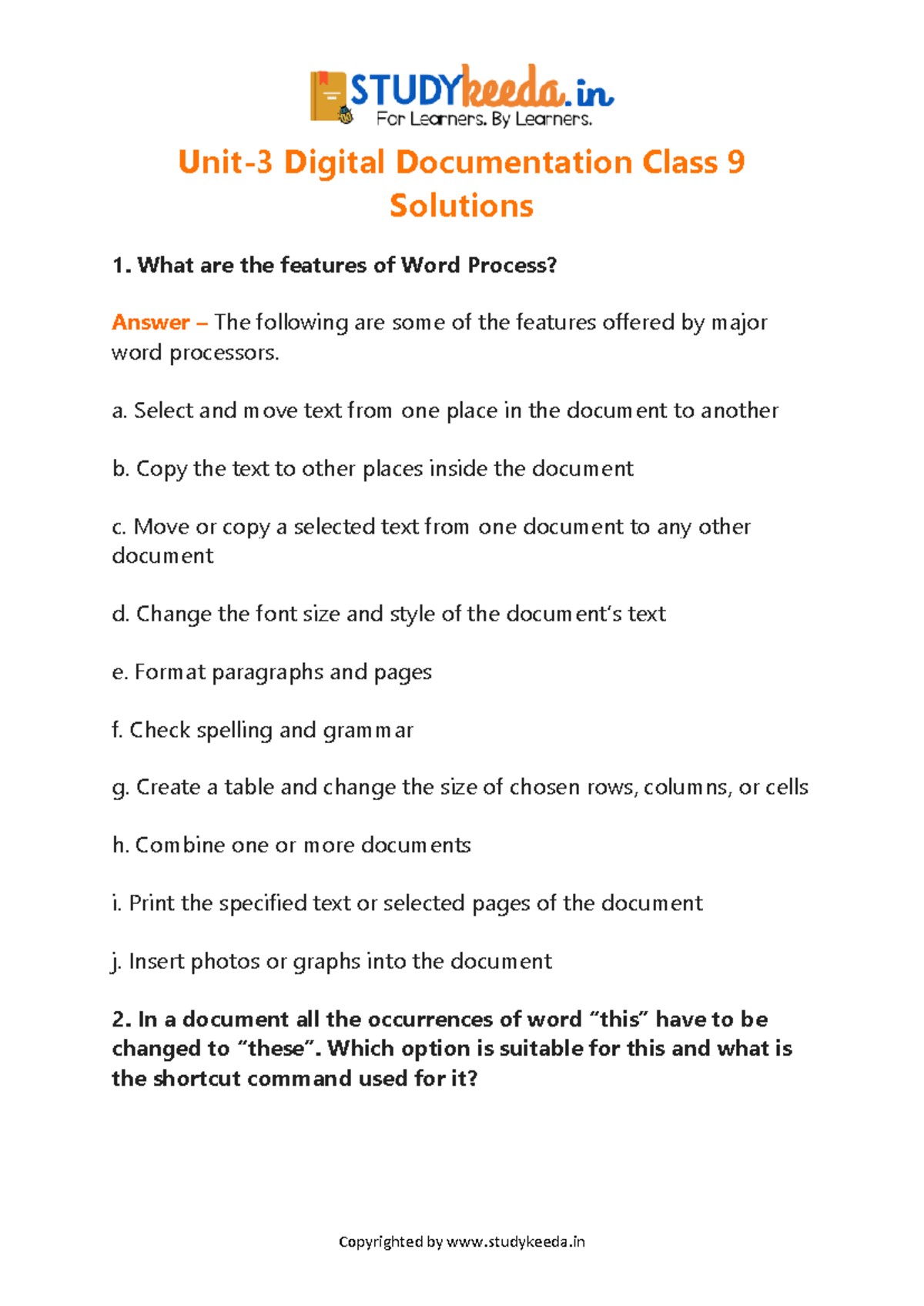 Unit-3 Q&A Class-9 IT Notes - Unit- 3 Digital Documentation Class 9 ...